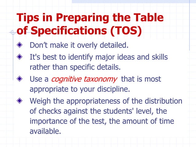 Table of Specifications (TOS) and Test Construction Review | PDF