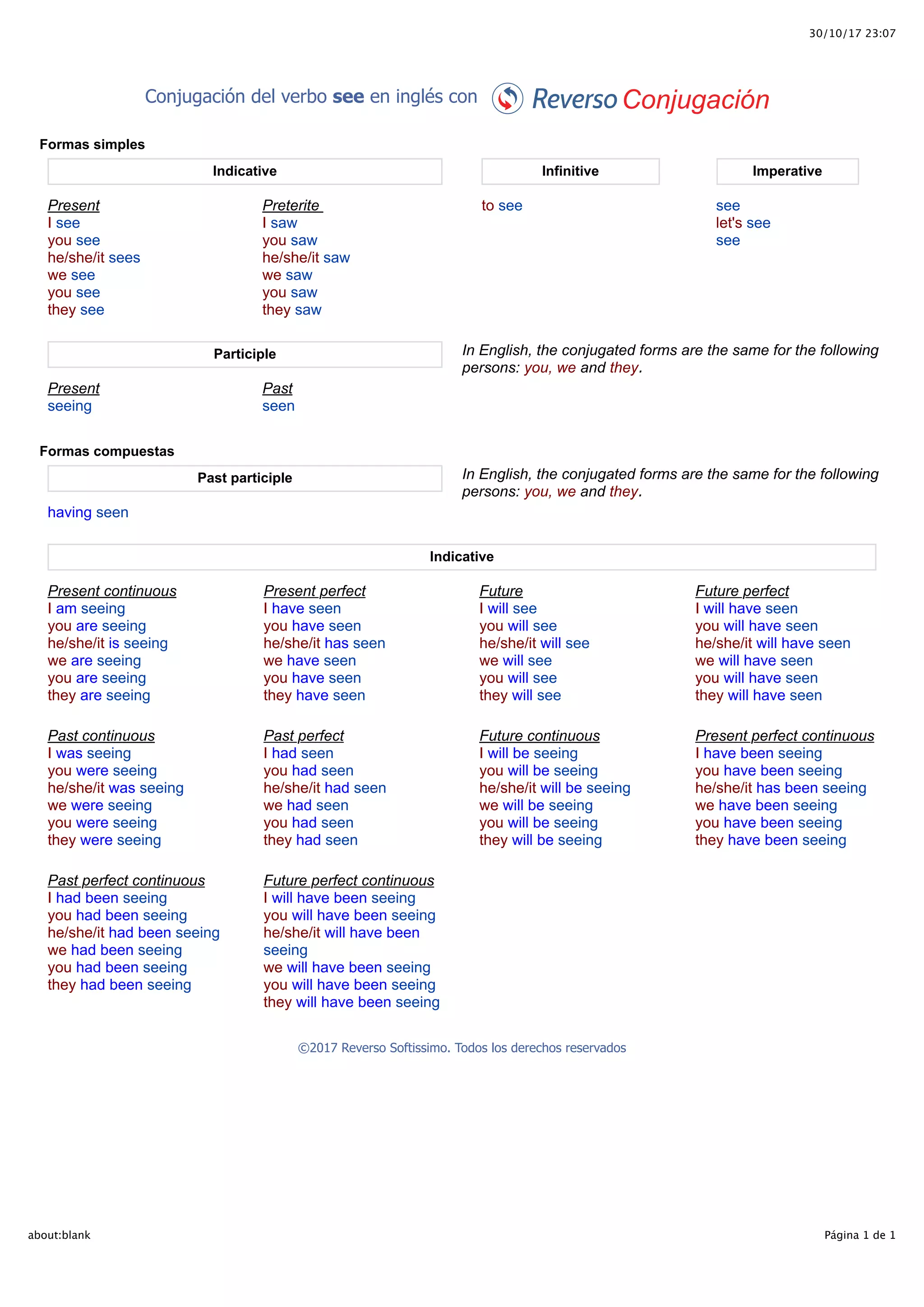 I see / you see - REVERSO (conjugación) | PDF
