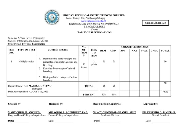TOS of Introduction to Animal Science.docx | Agriculture | Industries