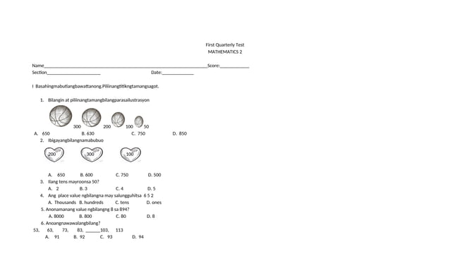 Mathematics For Grade Two School Year 2024 2025 | DOCX | Education