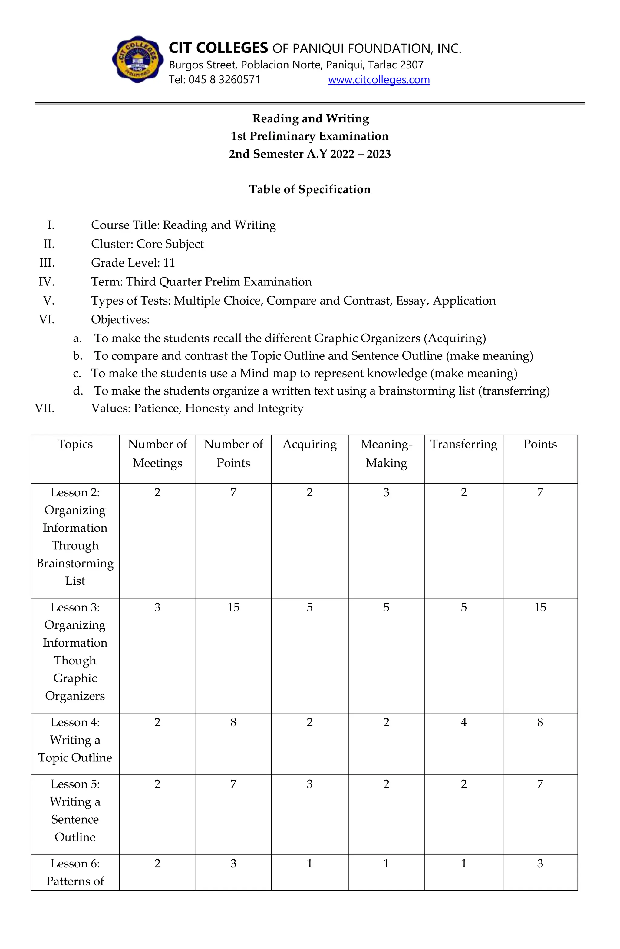TOS Reading and Writing.docx grade 11 stud | DOCX | Educational ...