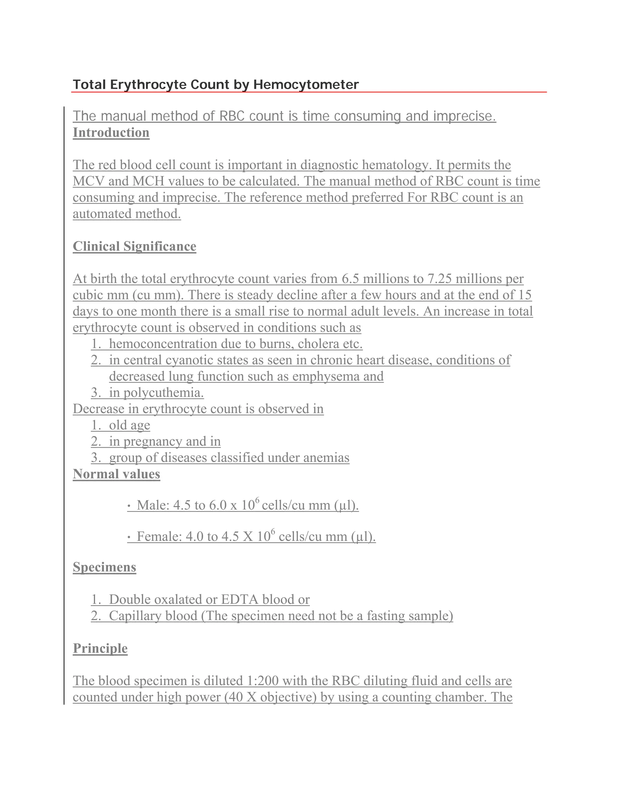 Total Erythrocyte Count By Hemocytometer | PDF