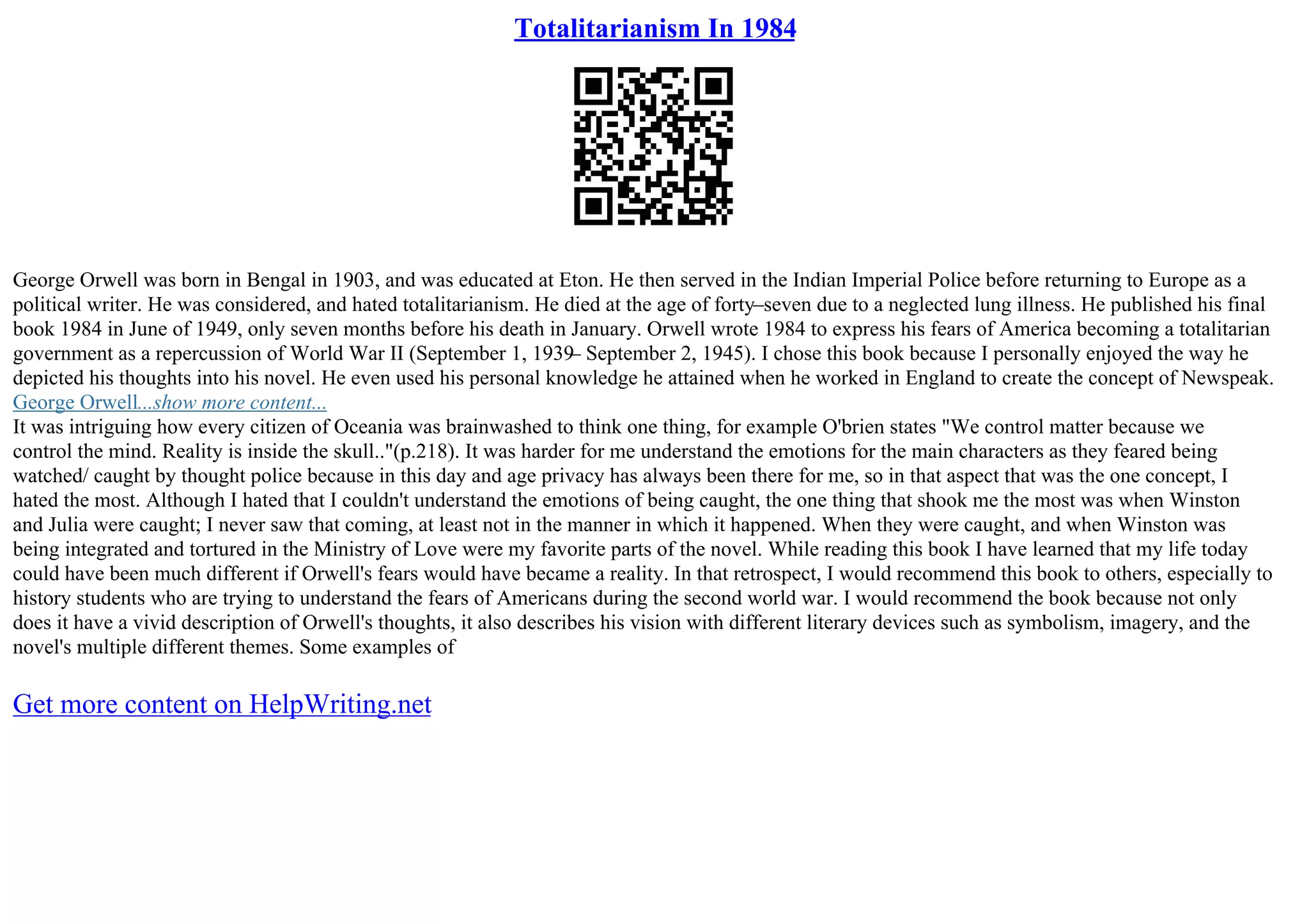 Totalitarianism In 1984 | PDF