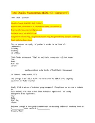 Total Quality Management MBA Semester 4 | DOCX