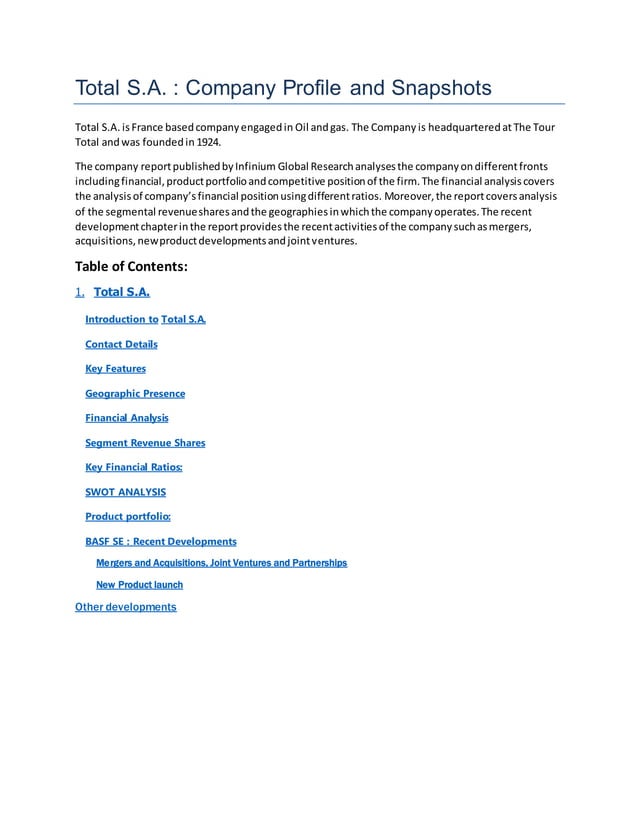 Total S.A. : Company Profile and Snapshots | PDF