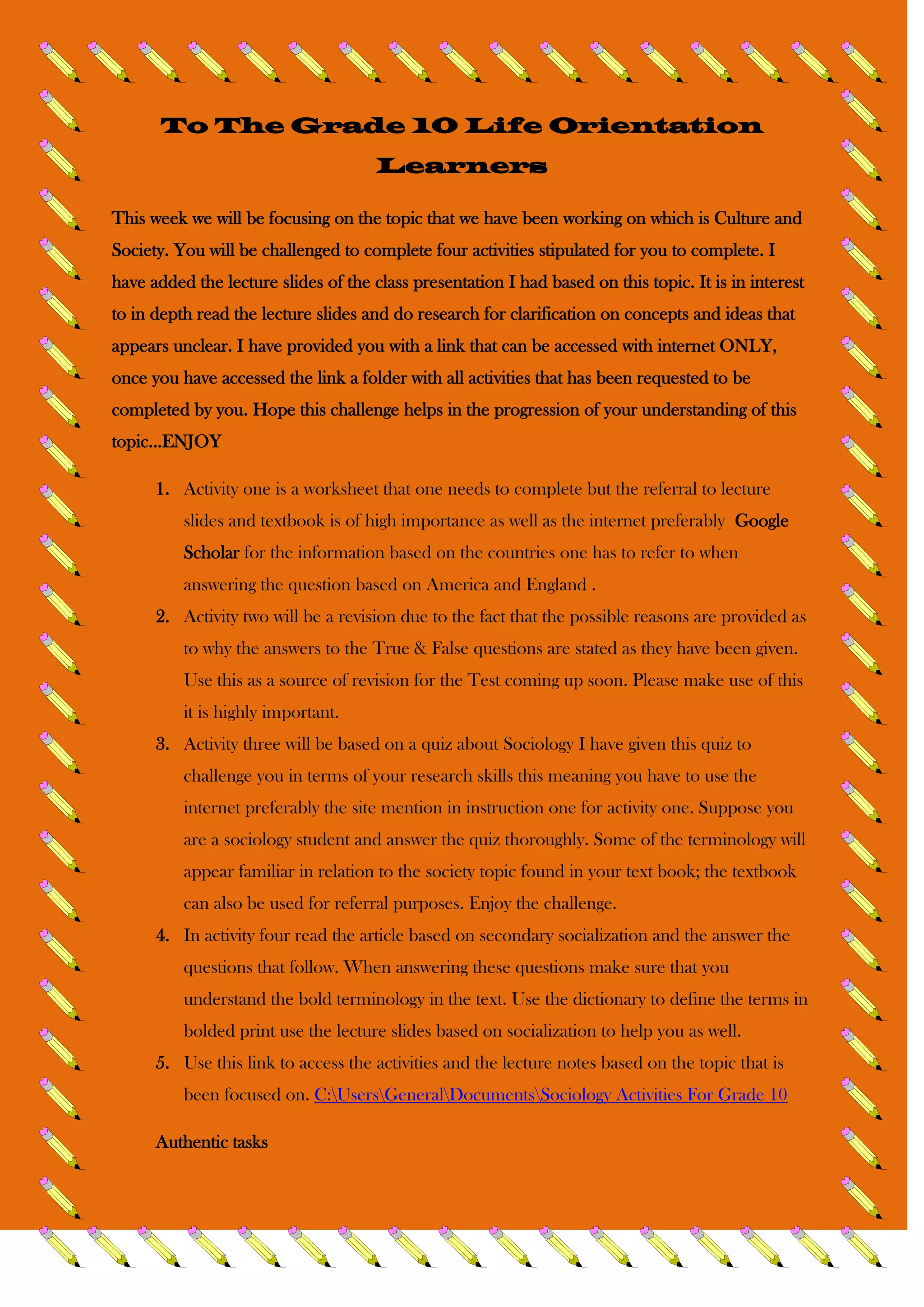 To the grade 10 life orientation learners | DOCX