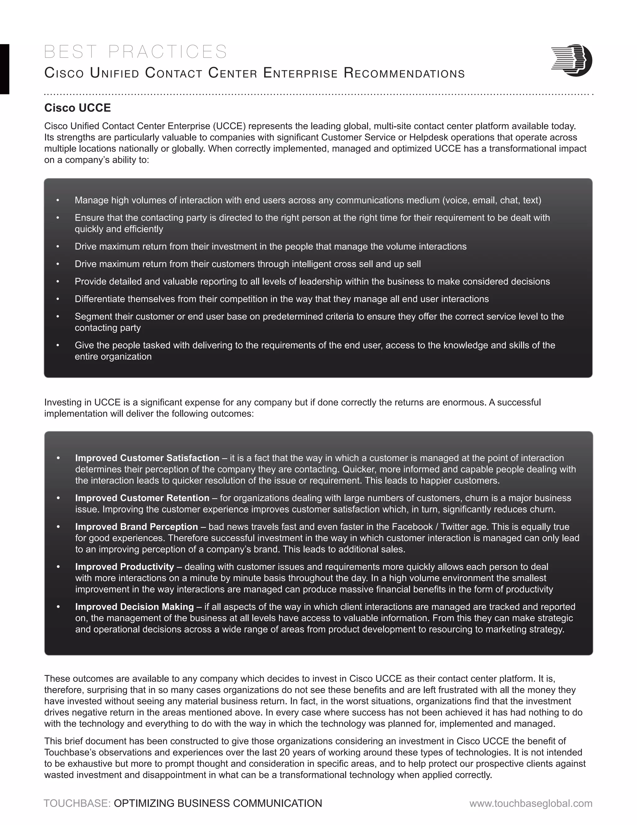 Touchbase Global: UCCE Best Practices | PDF