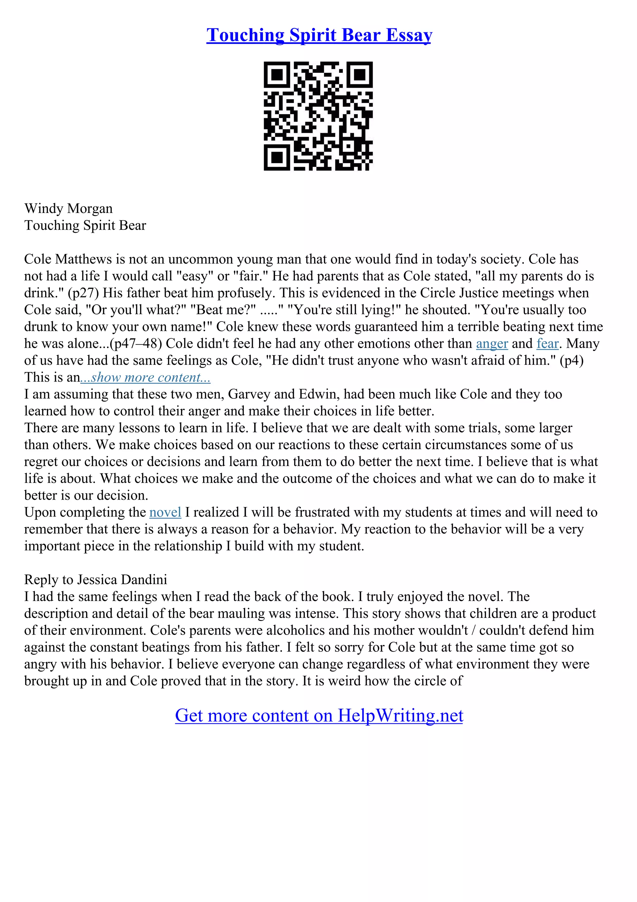 Touching Spirit Bear Essay | PDF