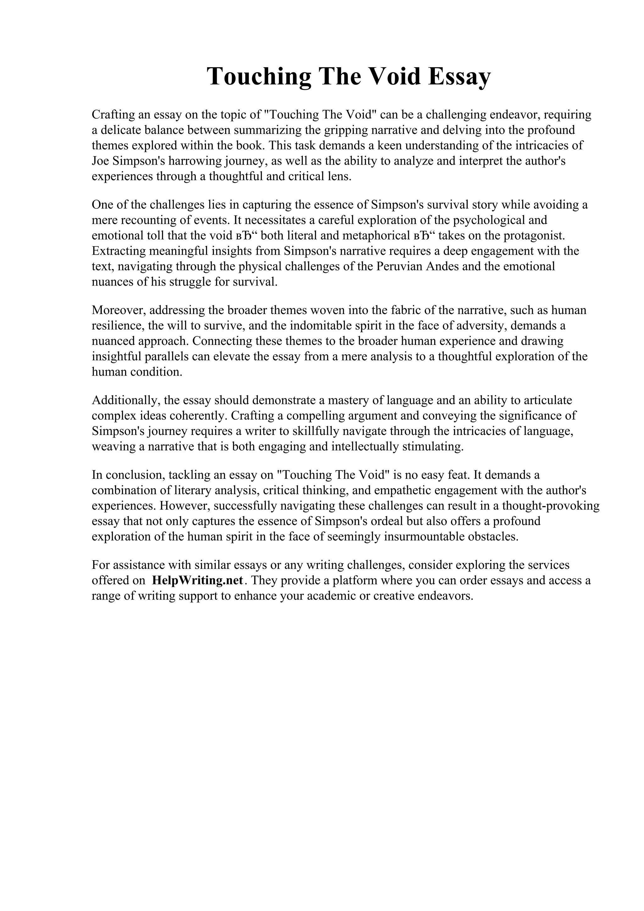 Touching The Void Essay. Touching the Void INTRO lesson - GCSE English ...