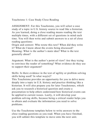 Touchstone 1 Case Study Close ReadingASSIGNMENT For this Tou.docx | Education