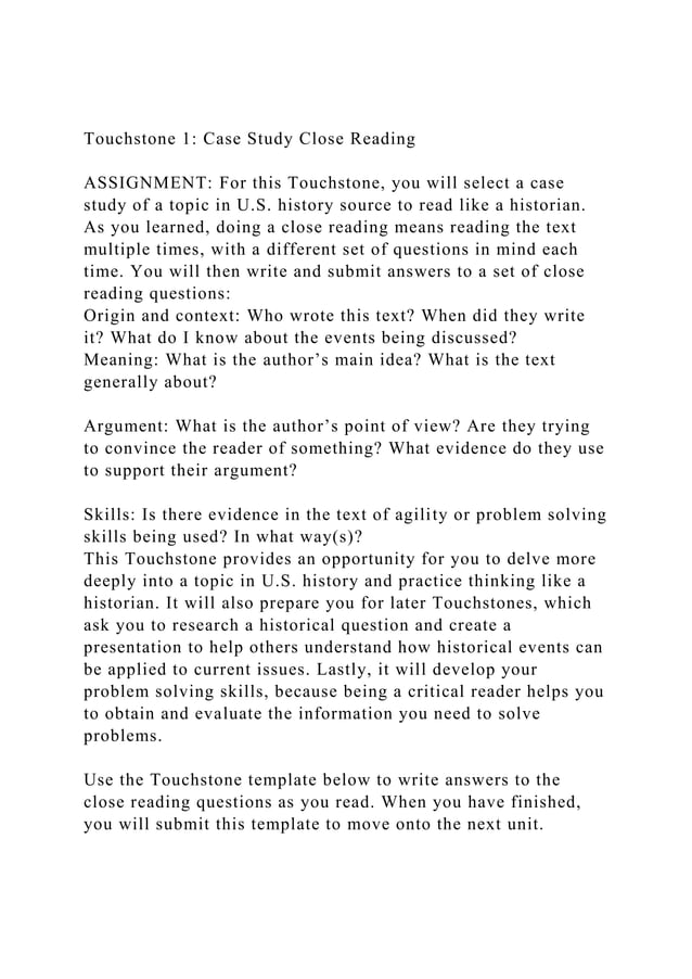 Touchstone 1 Case Study Close ReadingASSIGNMENT For this Tou.docx ...