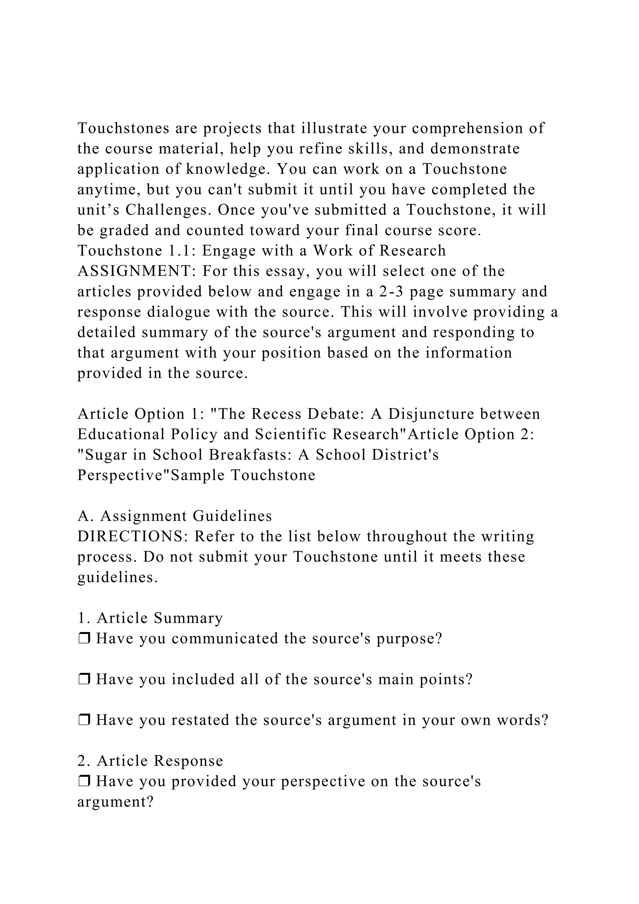 Touchstones are projects that illustrate your comprehension of the.docx