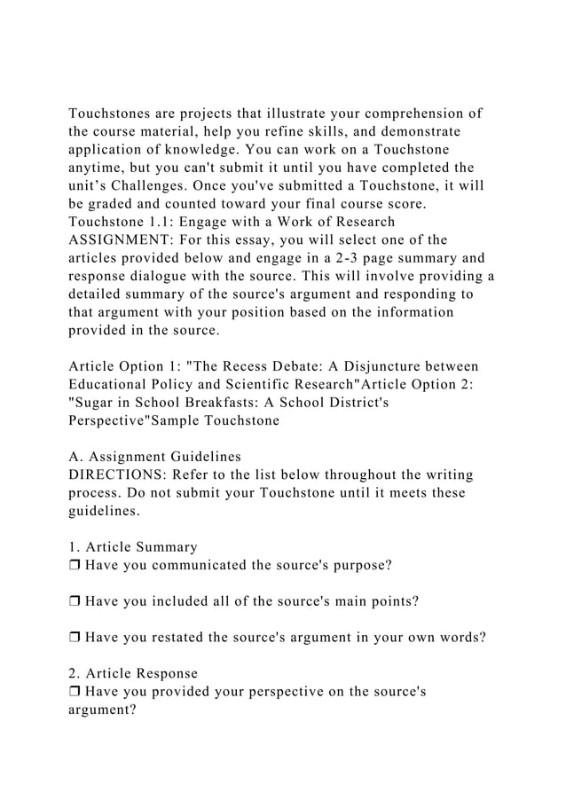 Touchstones are projects that illustrate your comprehension of the.docx | Homework and Study ...