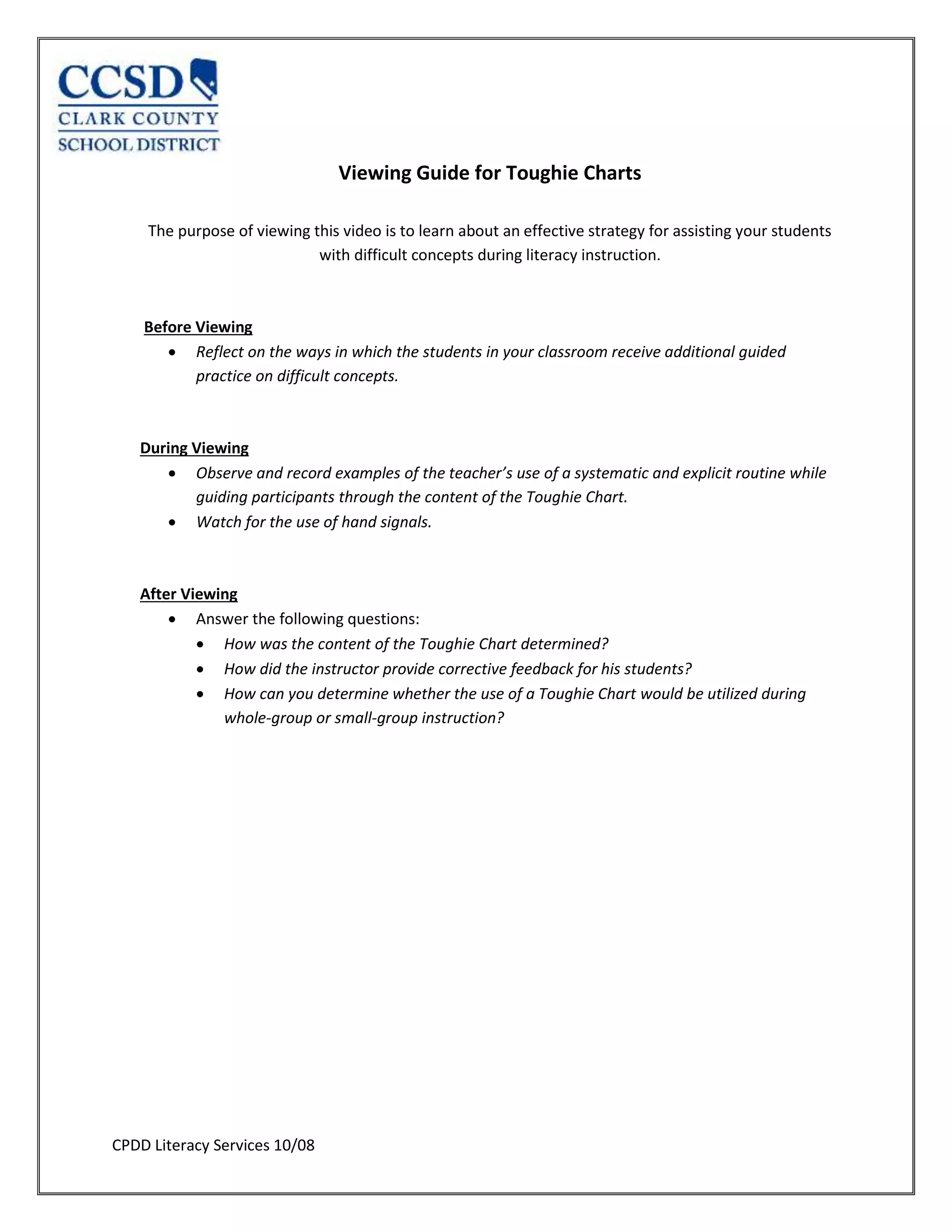 Toughie charts viewing guide and procedure | DOCX