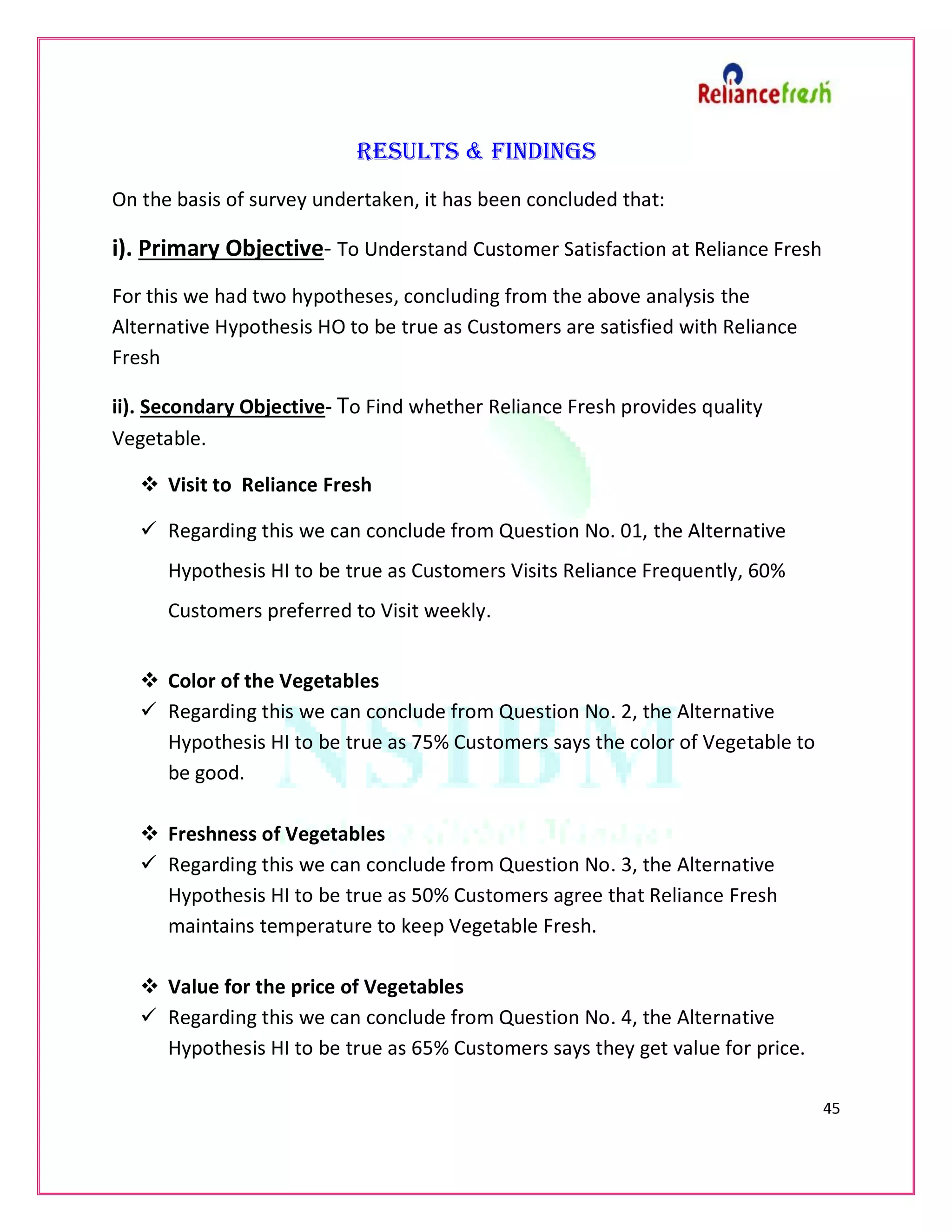 To understand customer satisfaction at reliance fresh | PDF