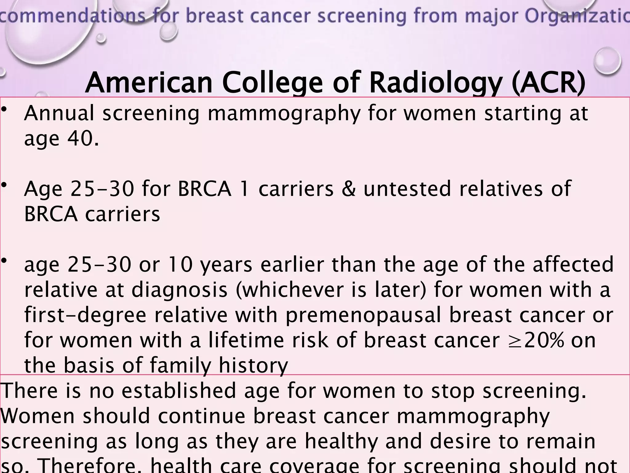 Breast cancer screening guidlines for mammography | PPTX