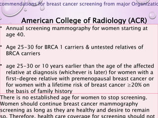 Breast cancer screening guidlines for mammography | PPTX | Menopause ...