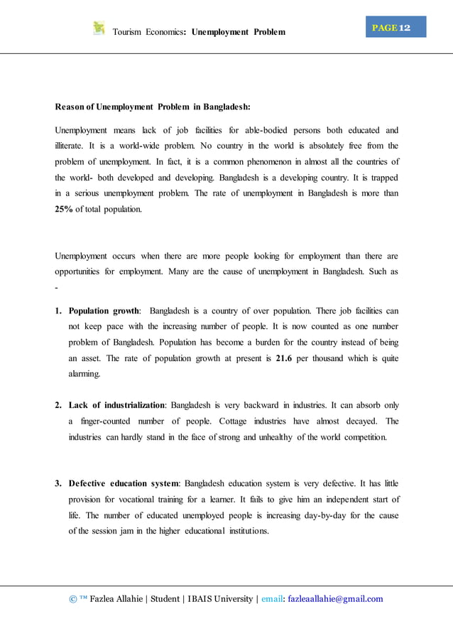 Unemployment problem in Bangladesh Tourism economics | DOCX