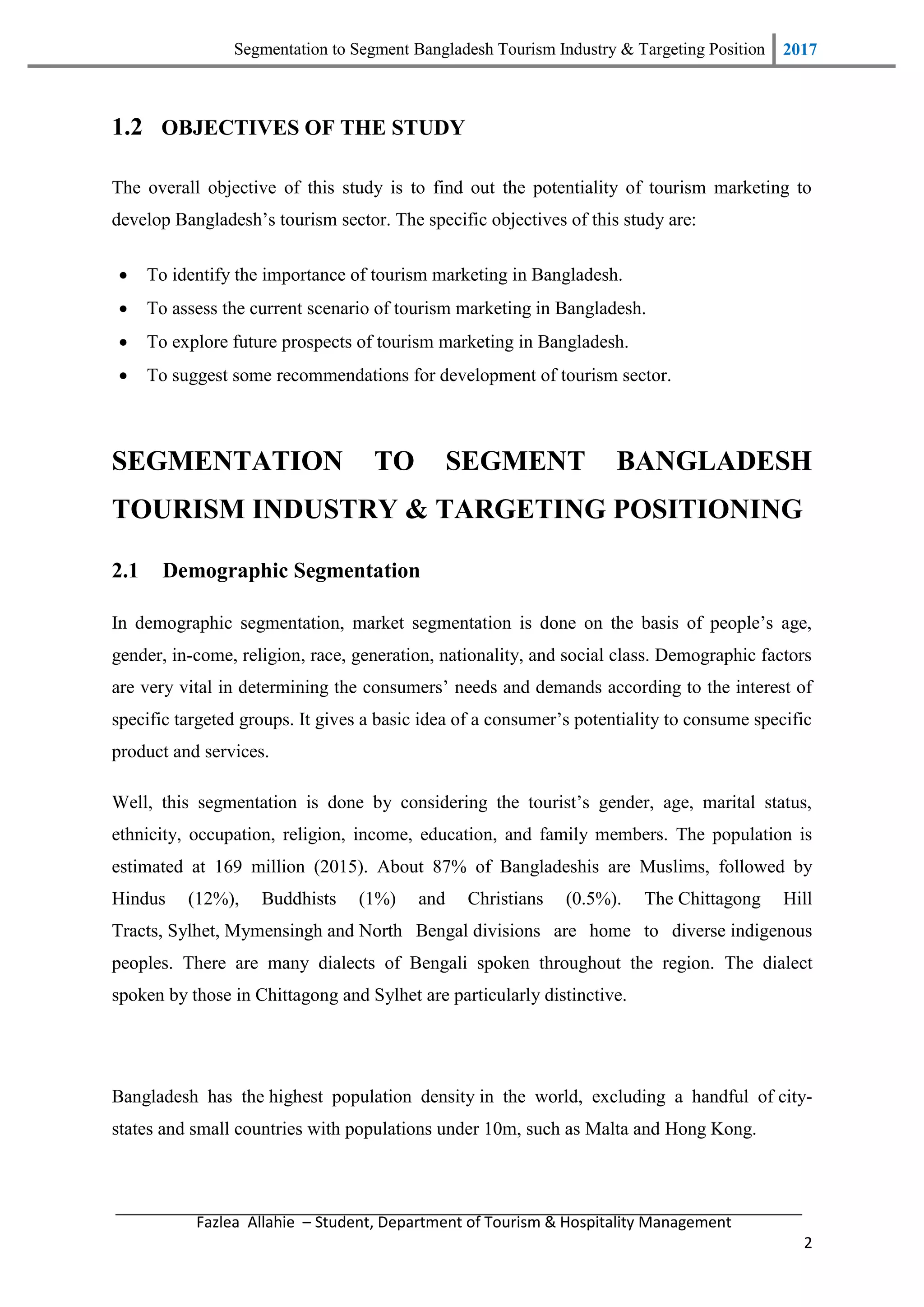 Segment of Bangladesh Tourism Industry & Targeting Position | PDF