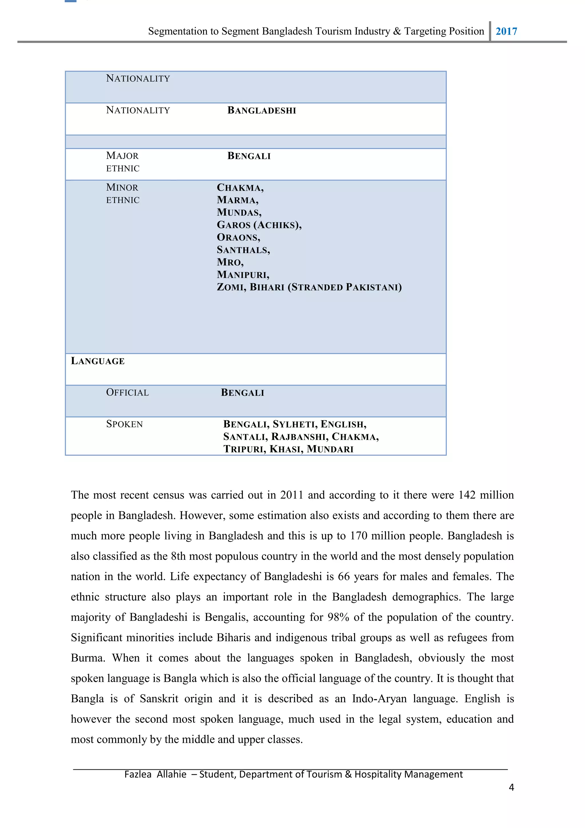 Segment of Bangladesh Tourism Industry & Targeting Position | PDF