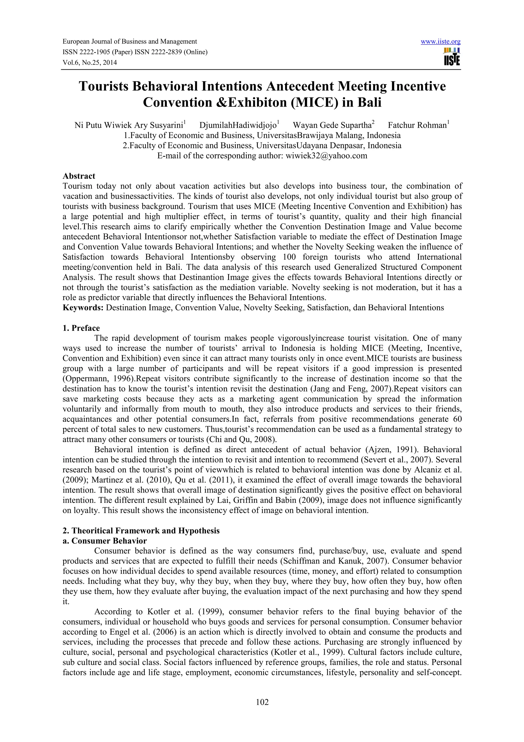 Tourists behavioral intentions antecedent meeting incentive convention ...