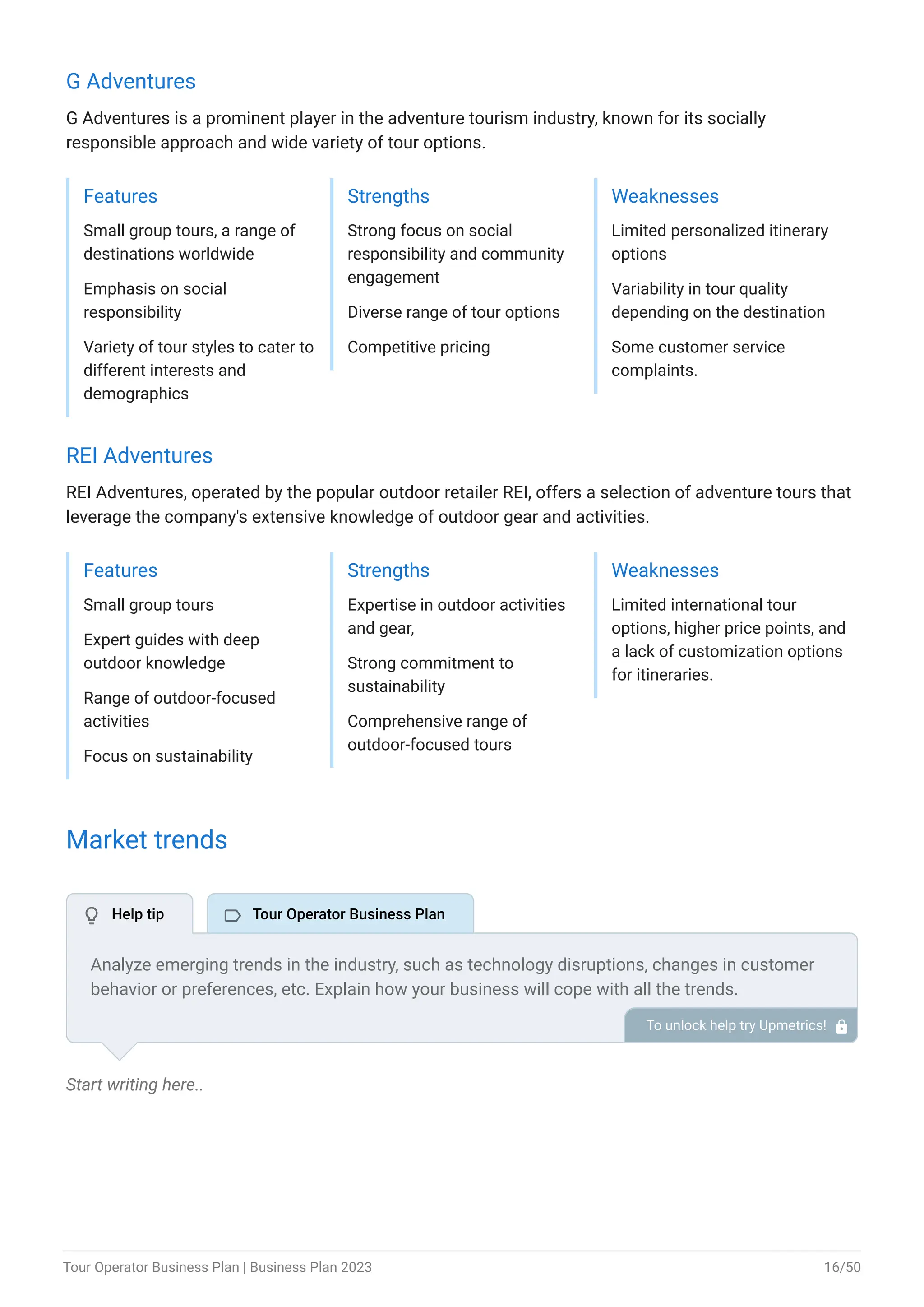 Tour OperatorbBusiness Plan Example | Upmetrics | PDF