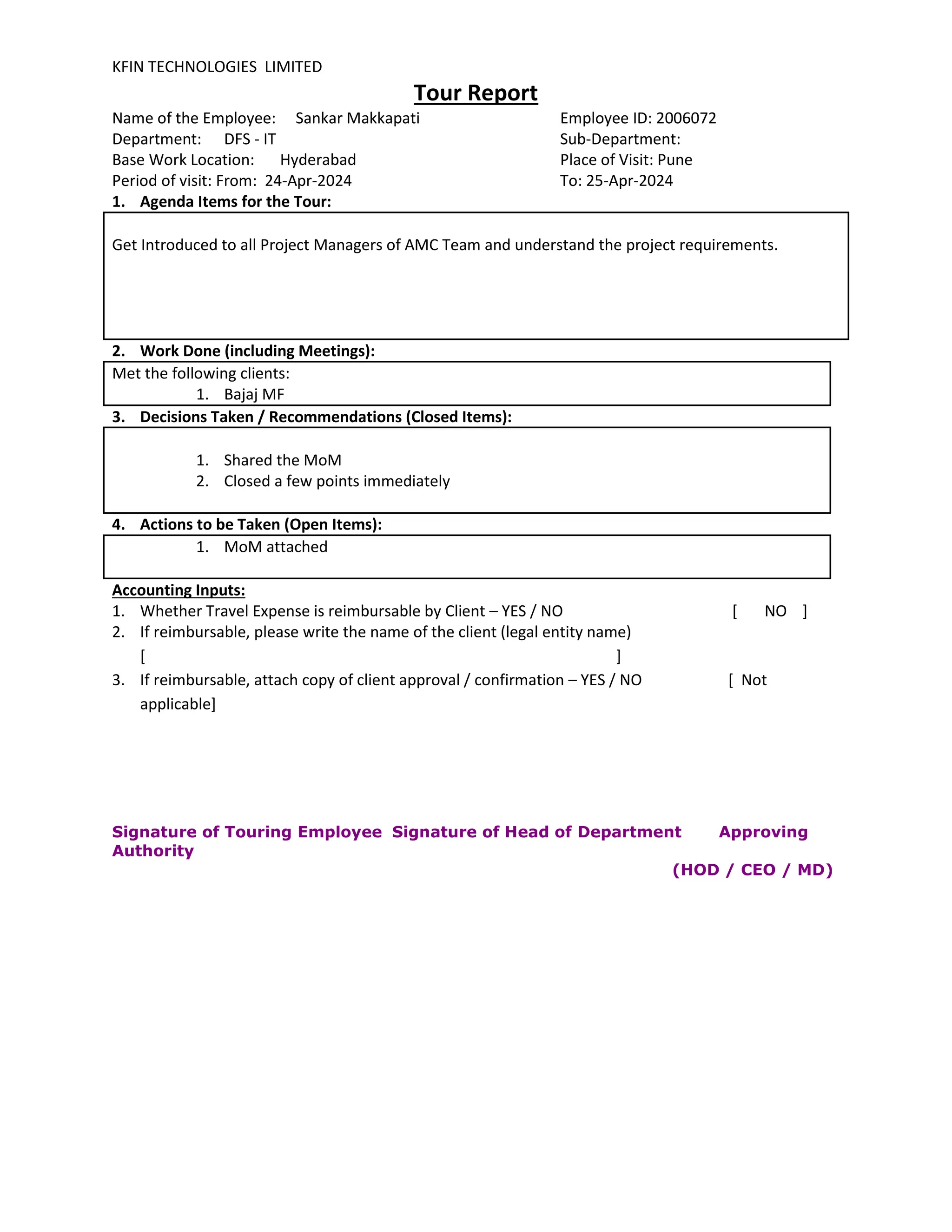 TOUR report format - Easy for replication | PDF