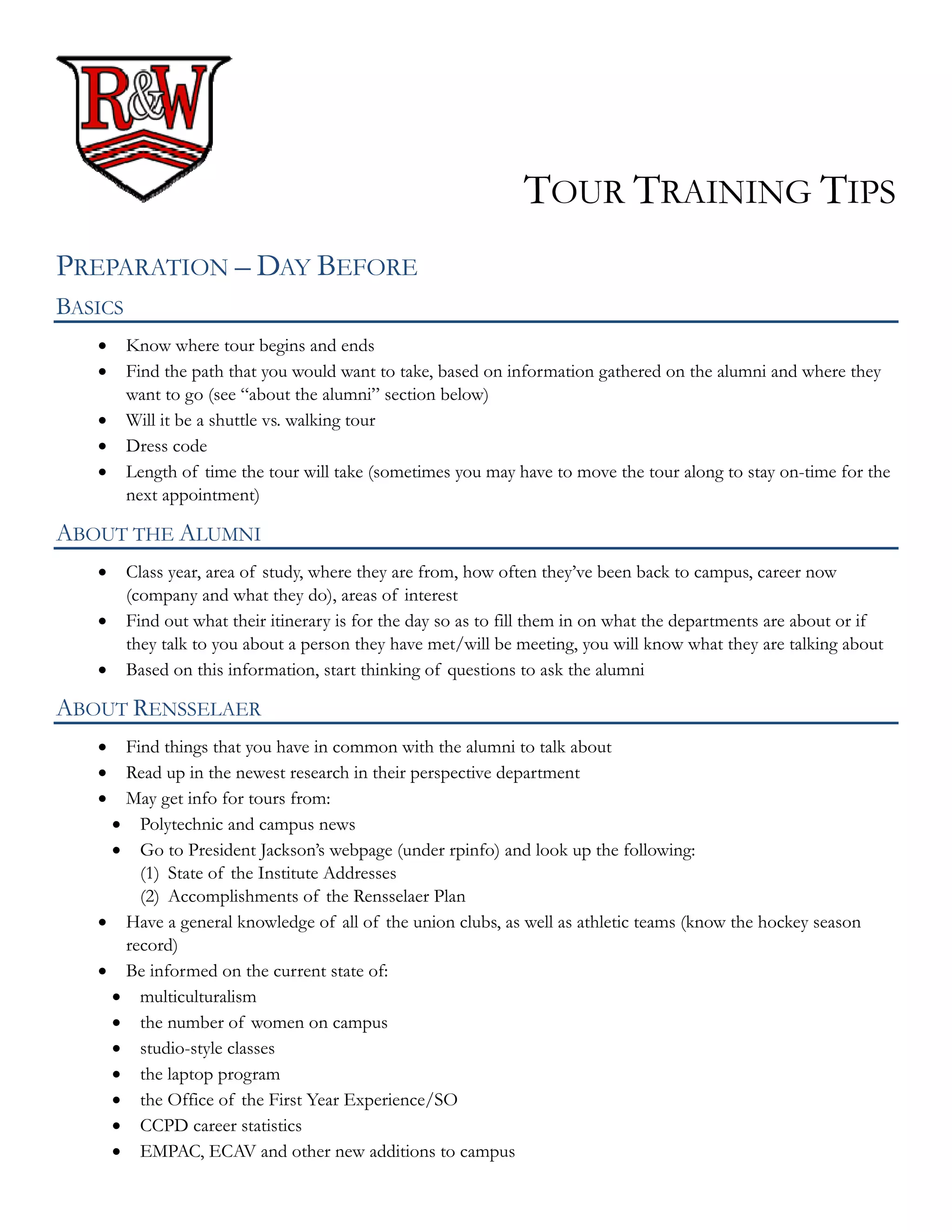 Red & White Student Organization - Tour Tips | PDF