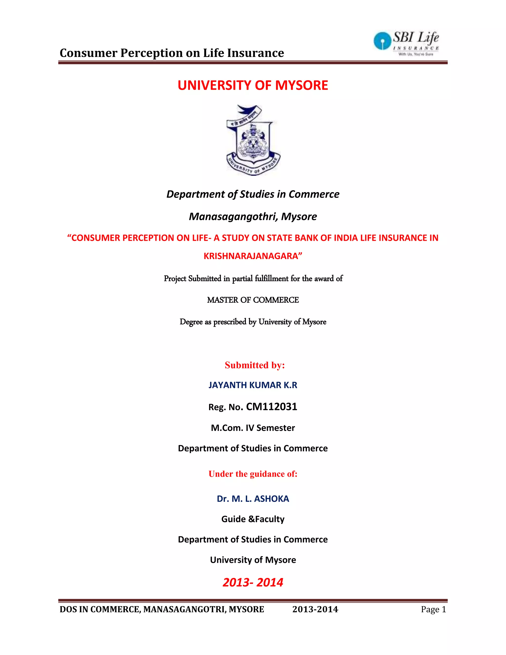 Consumer Perception on Life Insurance with refrence to State Bank of ...