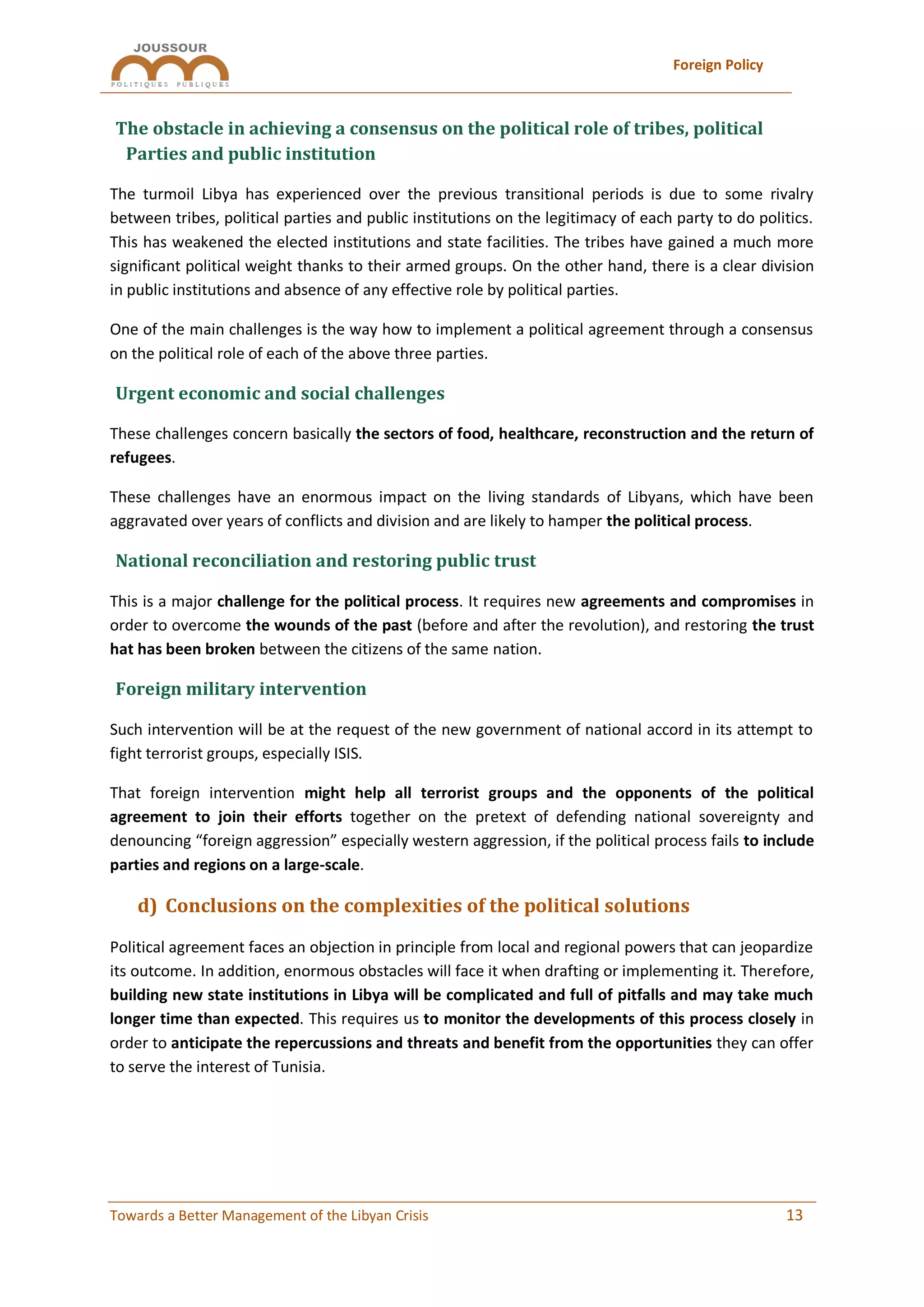 Joussour - Towards a better management of the libyan crisis | PDF