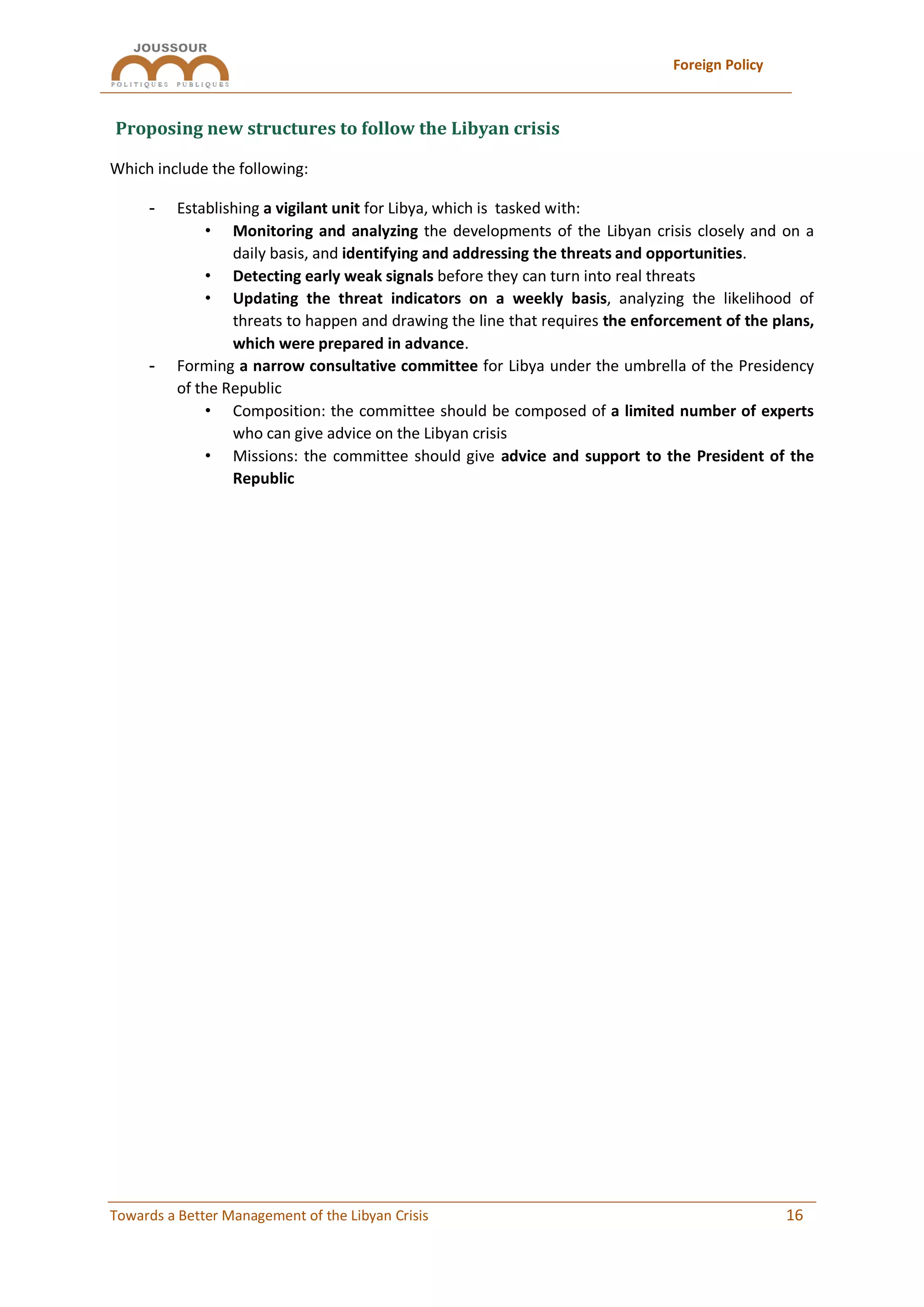 Joussour - Towards a better management of the libyan crisis | PDF