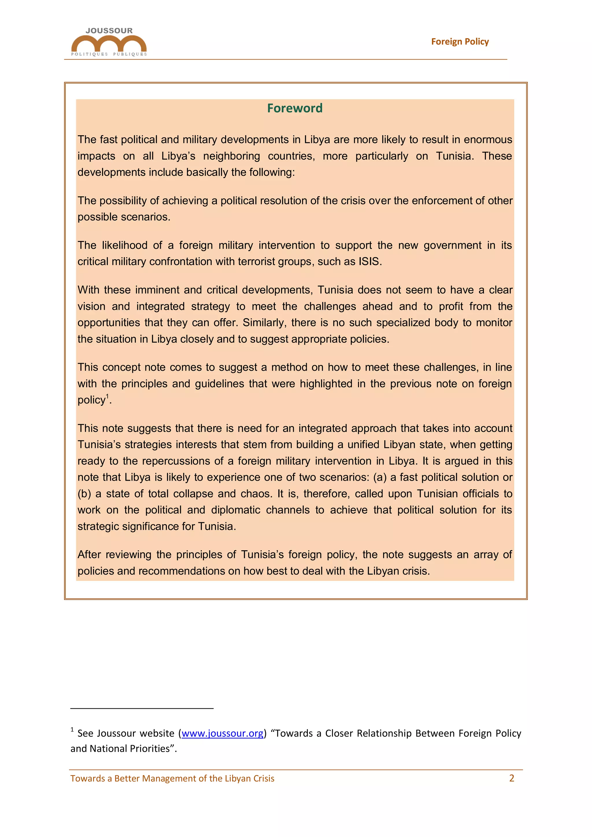 Joussour - Towards a better management of the libyan crisis | PDF