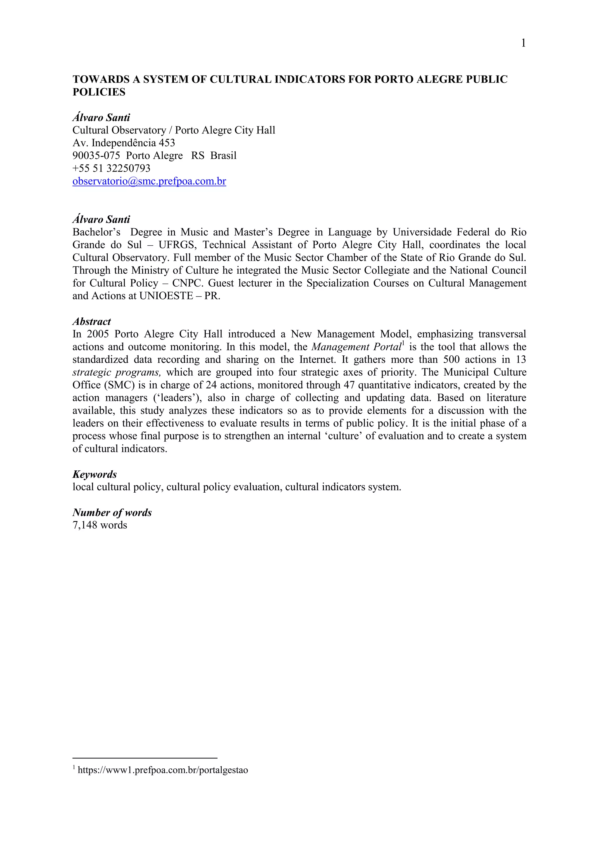 Towards a system of cultural indicators for Porto Alegre public ...