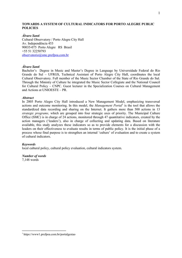 Towards a system of cultural indicators for Porto Alegre public ...
