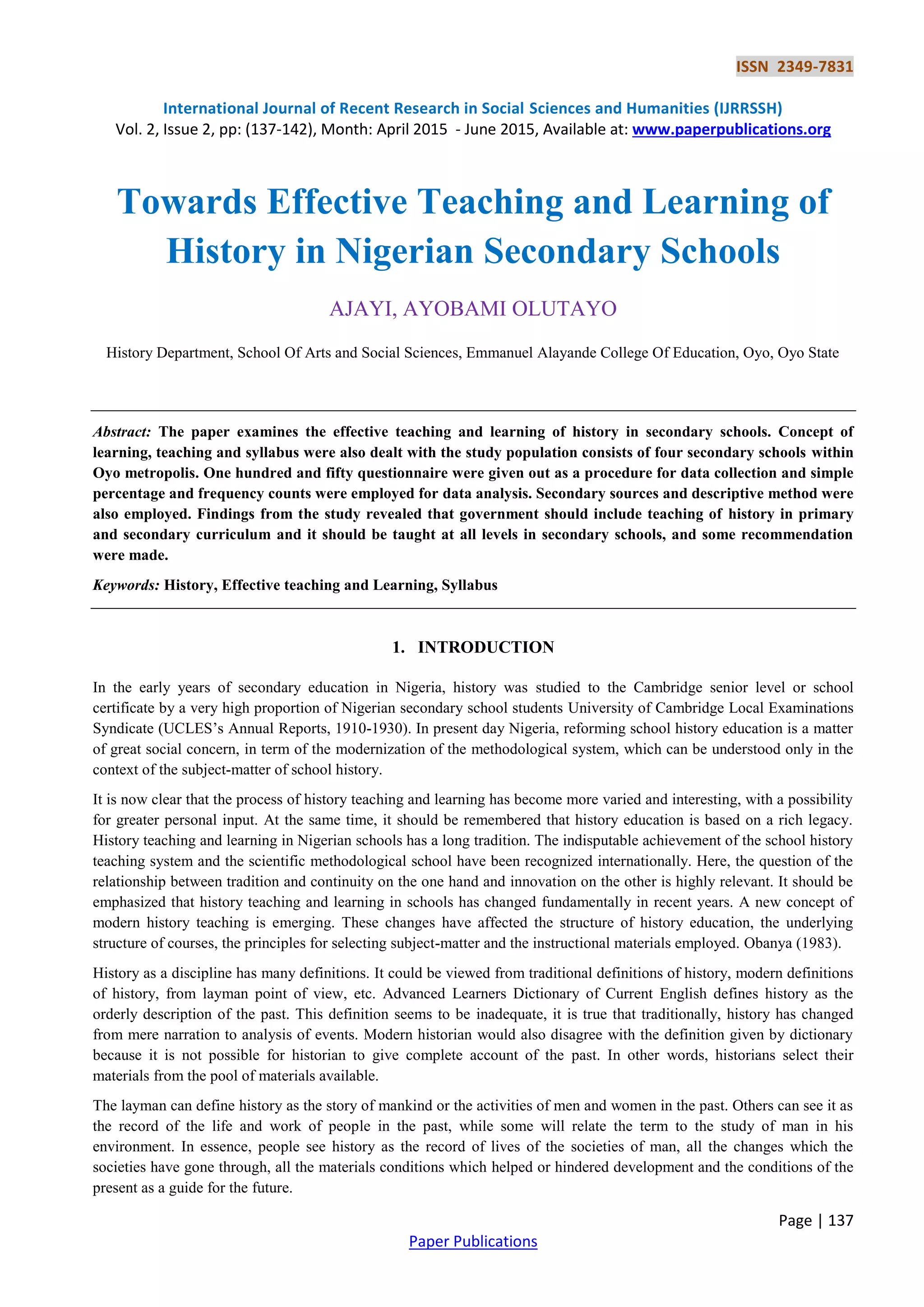 Towards Effective Teaching and Learning of History in Nigerian ...