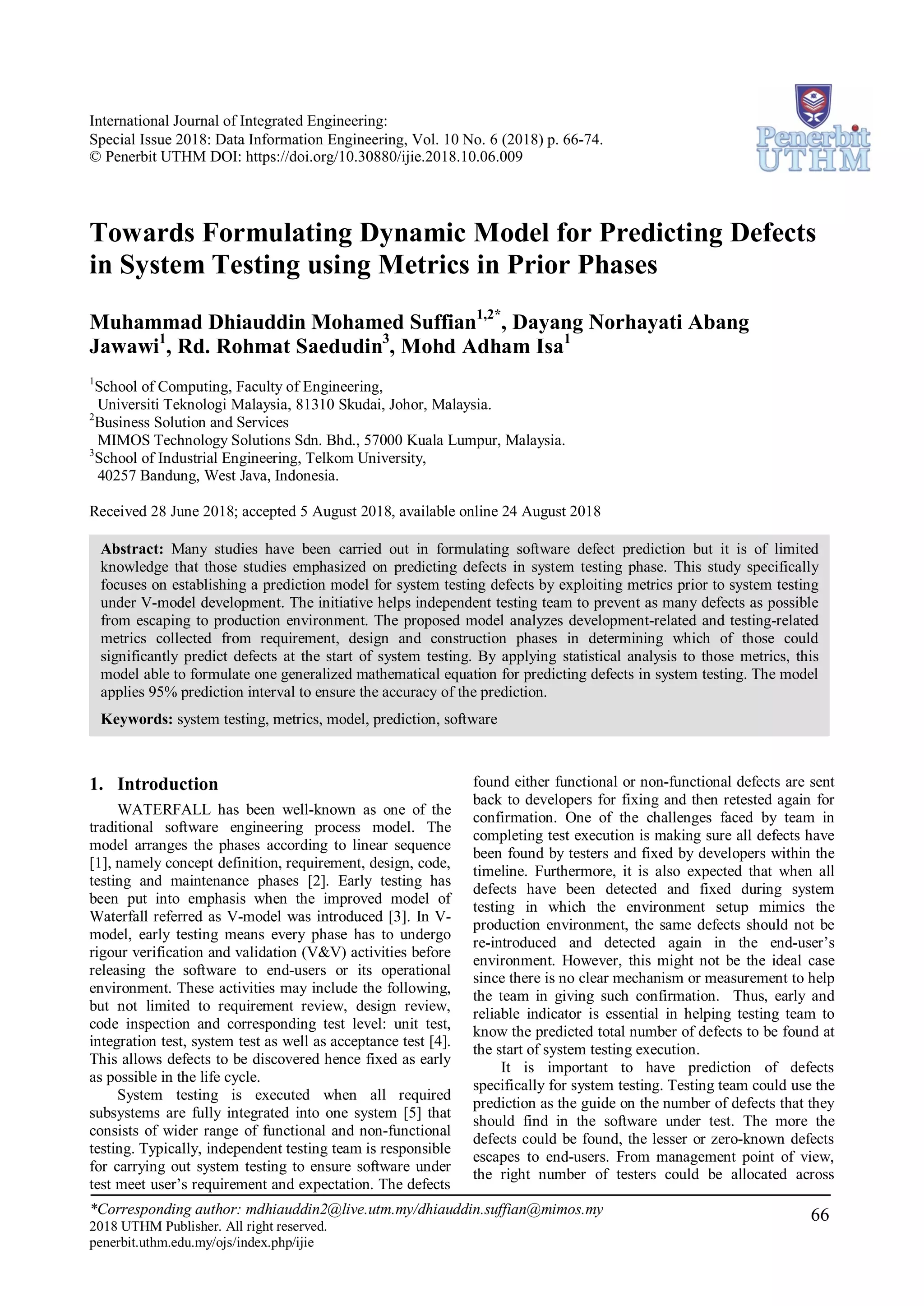Towards Formulating Dynamic Model For Predicting Defects In System