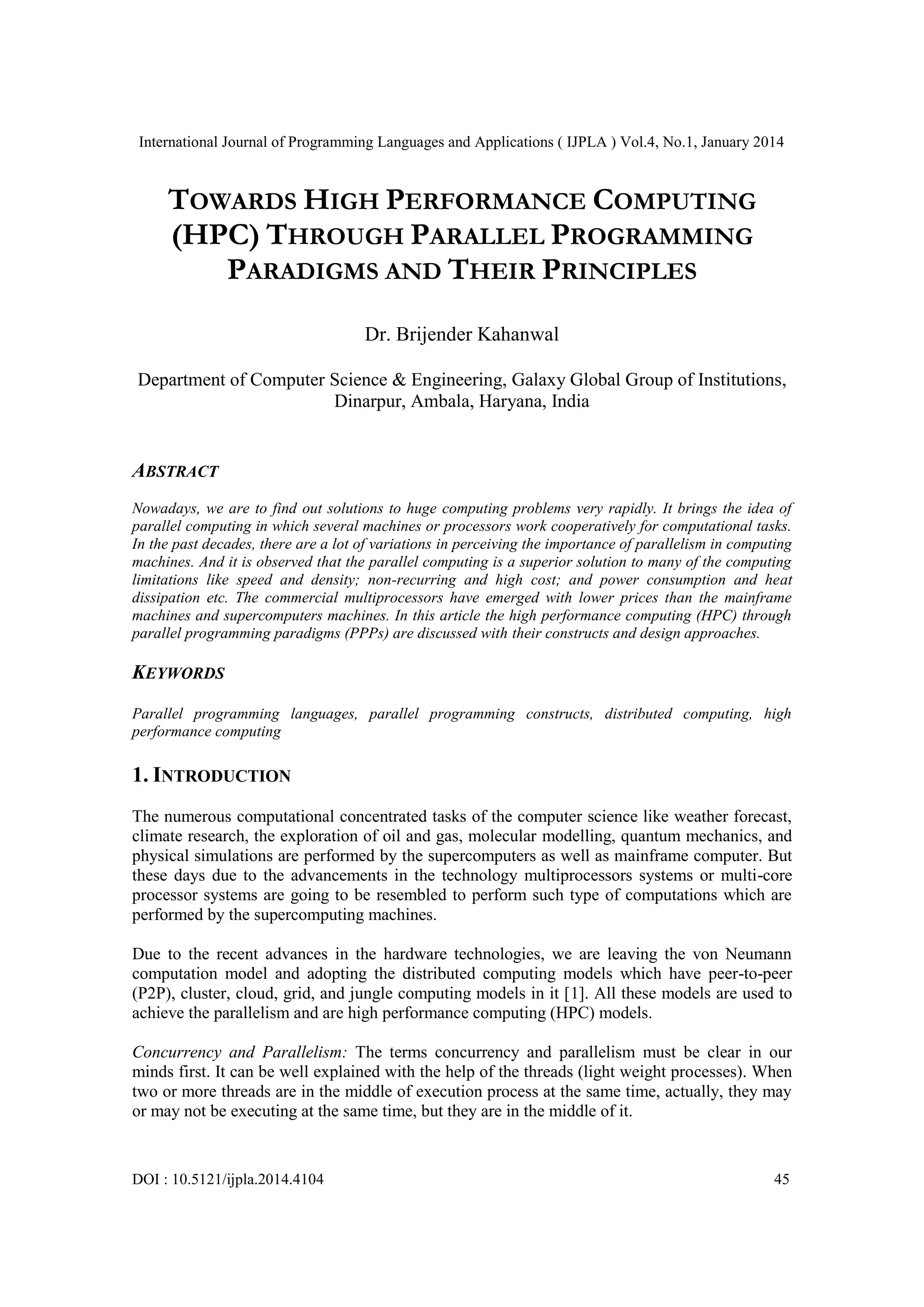 Towards High Performance Computinghpc Through Parallel Programming Paradigms And Their