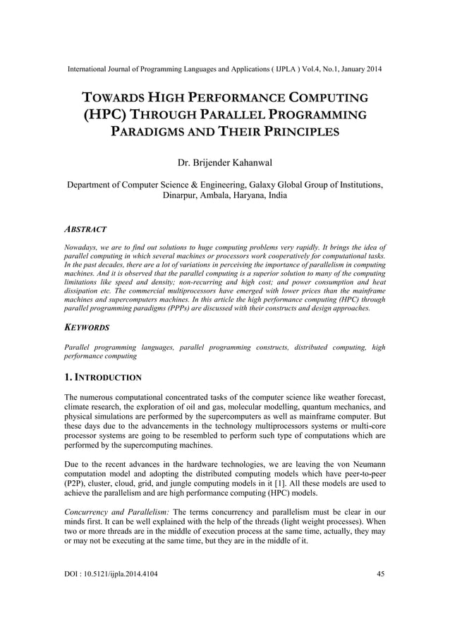 Towards High Performance Computinghpc Through Parallel Programming Paradigms And Their