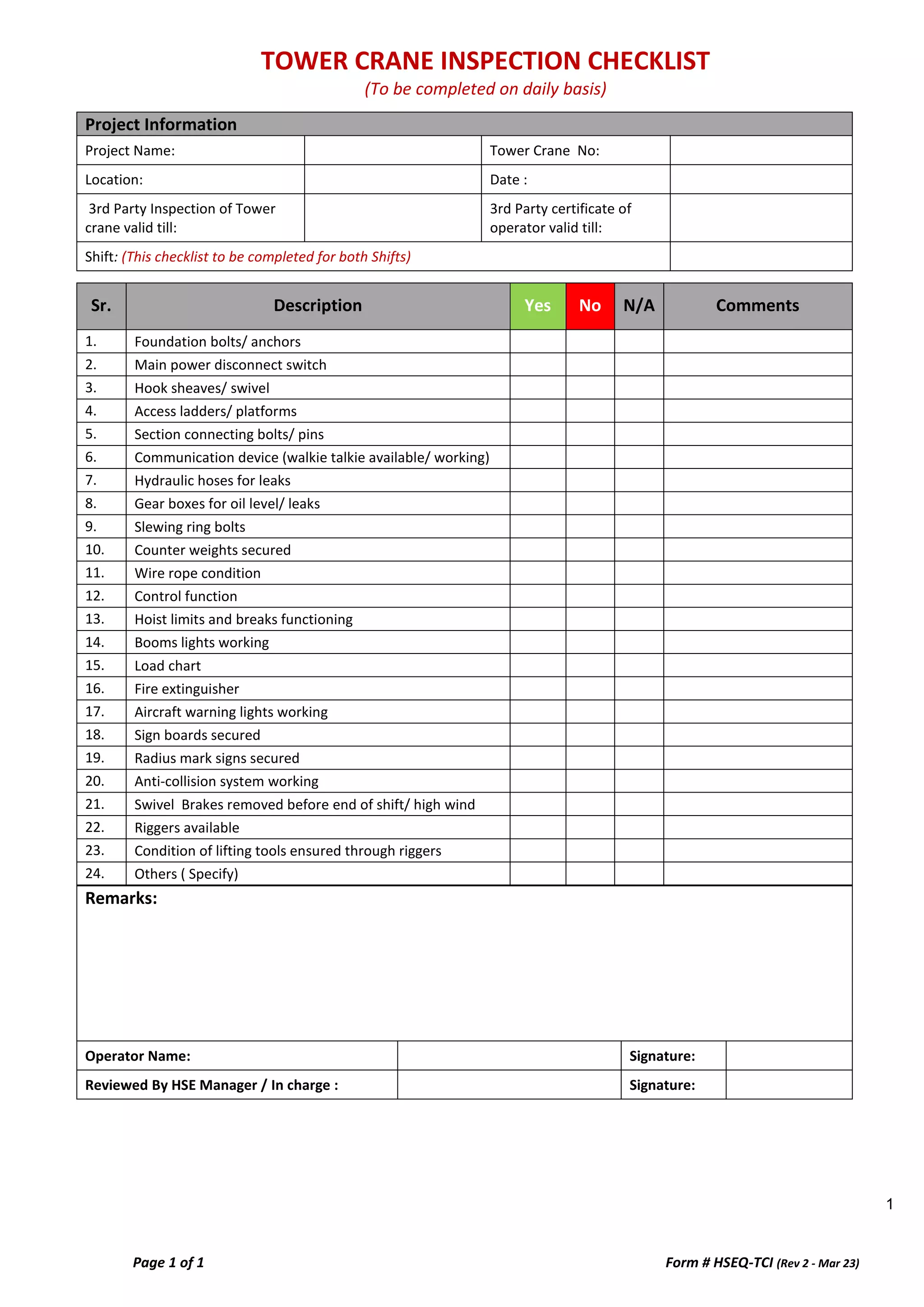 TOWER CRANE INSPECTION CHECKLIST Form # HSEQ - TCI Rev 2 -.docx
