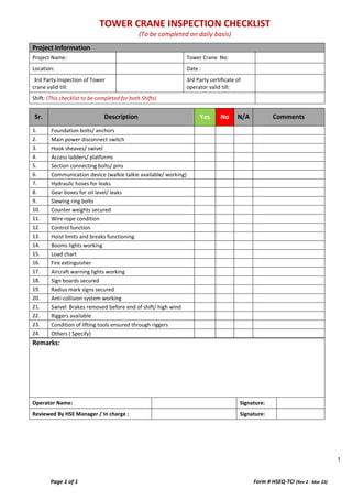 TOWER CRANE INSPECTION CHECKLIST Form # HSEQ - TCI Rev 2 -.docx