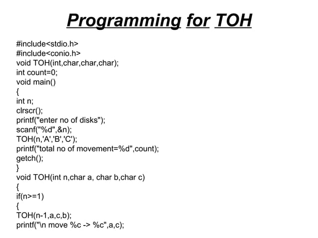 Tower of hanoi | PPT | Programming Languages | Computing