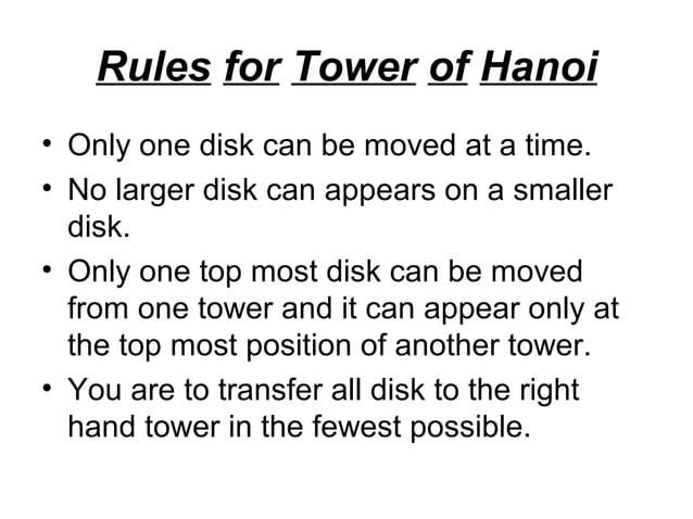 Tower of hanoi | PPT | Programming Languages | Computing