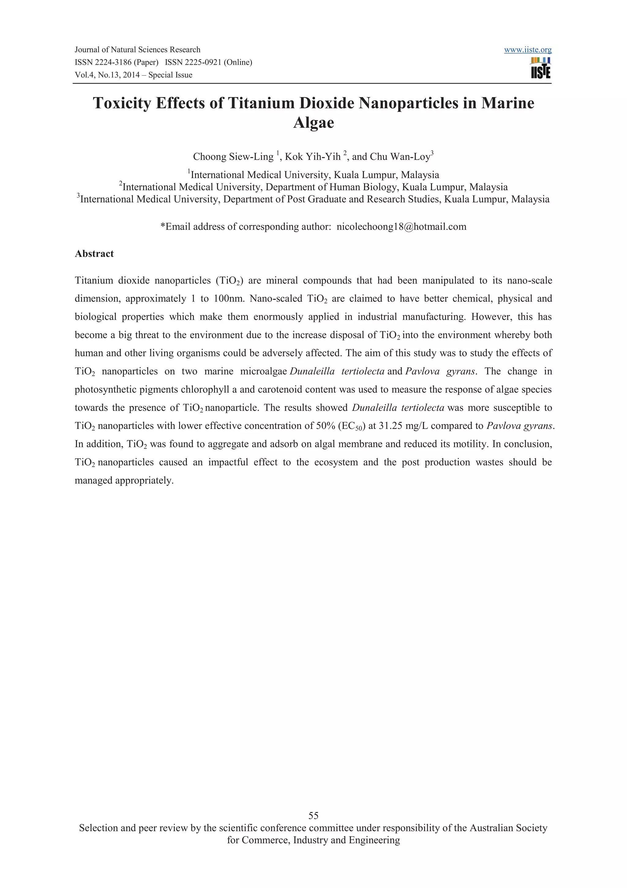Toxicity effects of titanium dioxide nanoparticles in marine | PDF