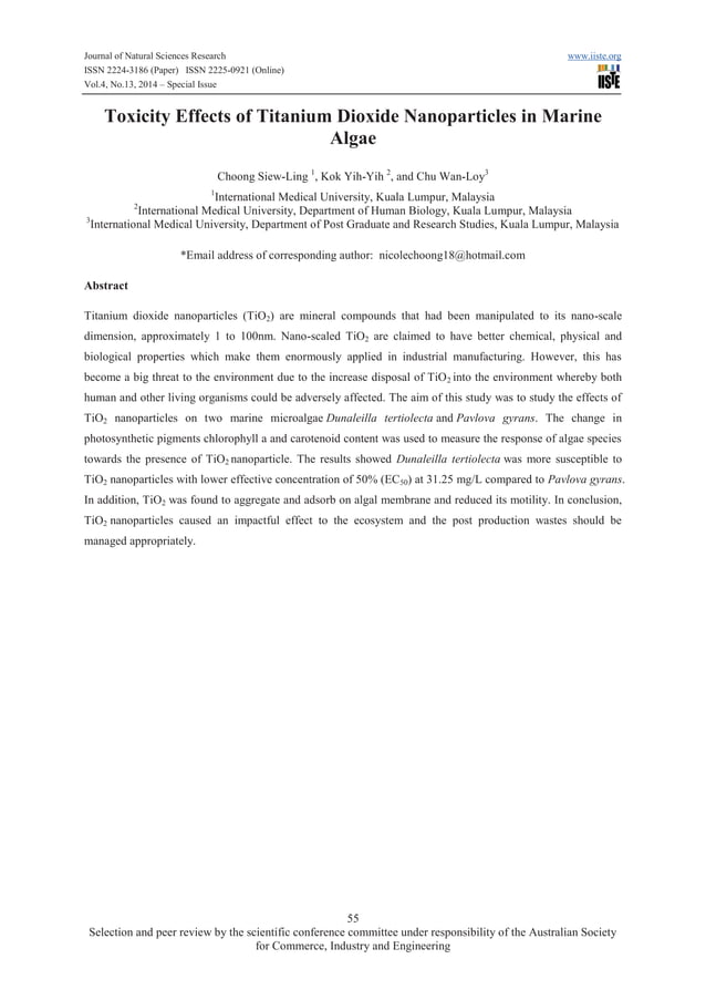 Toxicity effects of titanium dioxide nanoparticles in marine | PDF