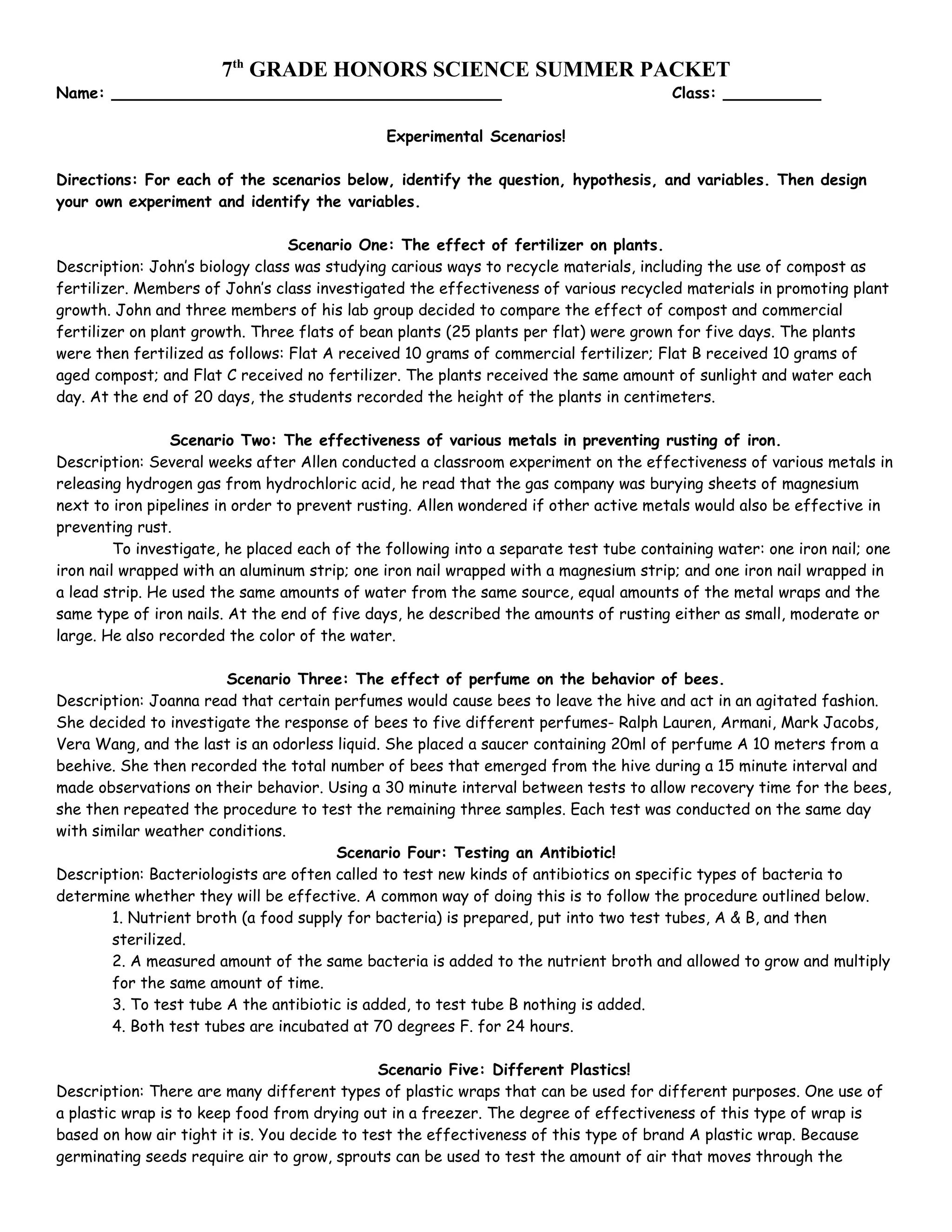 Toyber 7th grade honors science summer packet | DOC