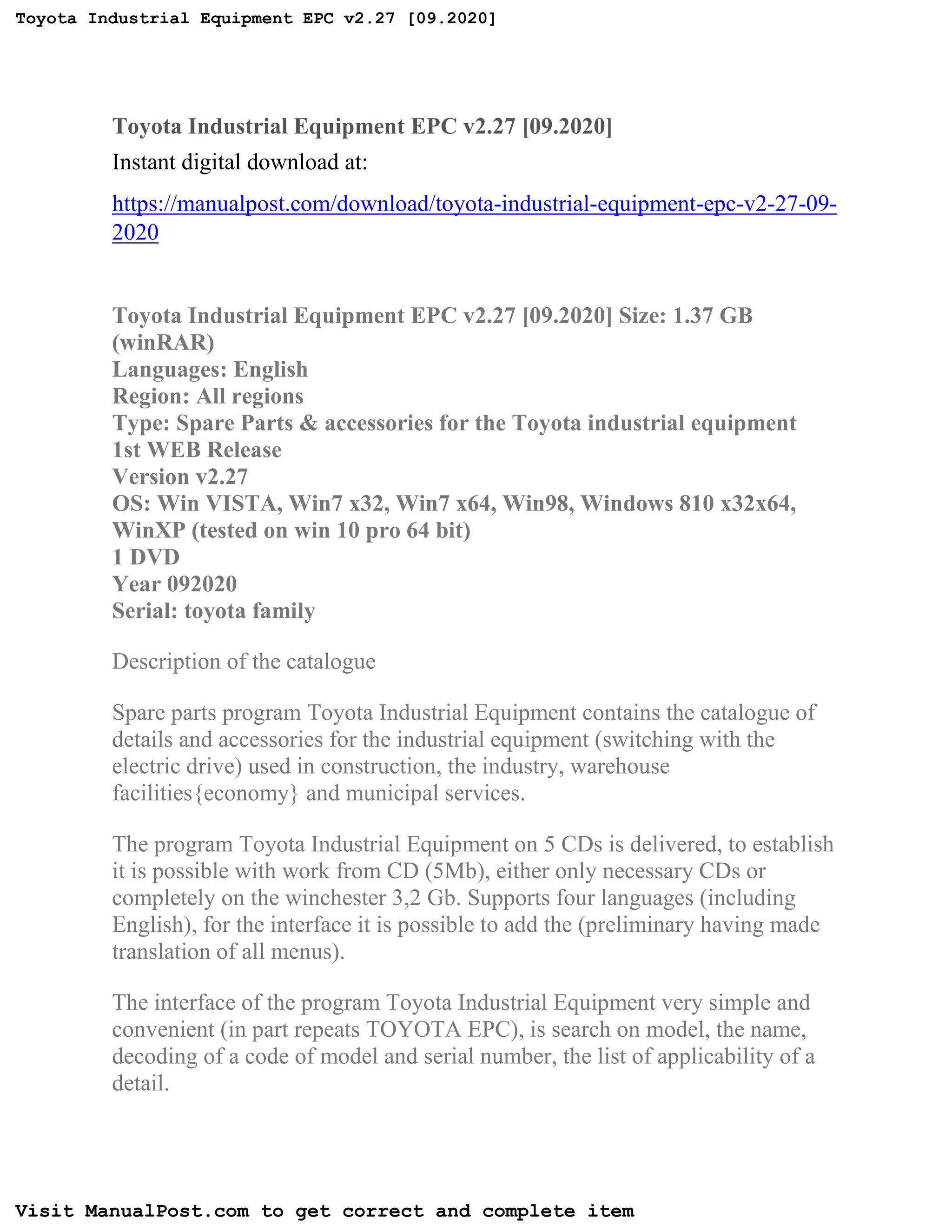 Toyota Industrial Equipment EPC v2.27 [09.2020] | PDF