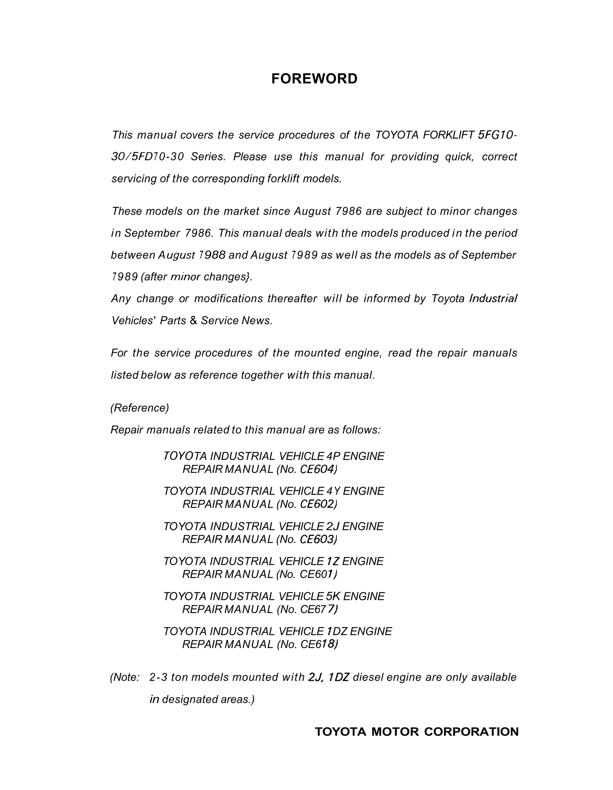 Toyota 42 5fg25 forklift service repair manual | PDF