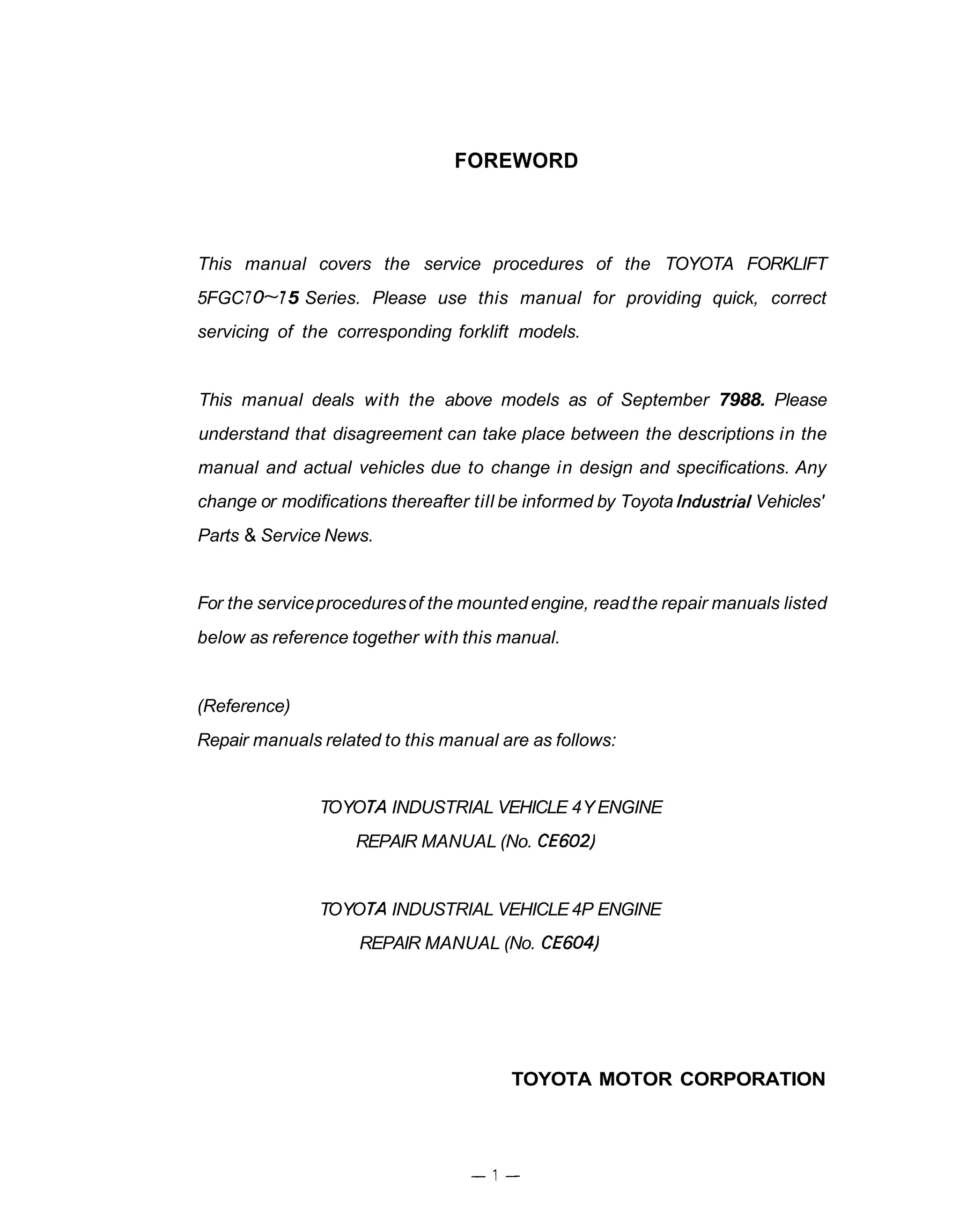 Toyota 5 fgc15 forklift service repair manual | PDF