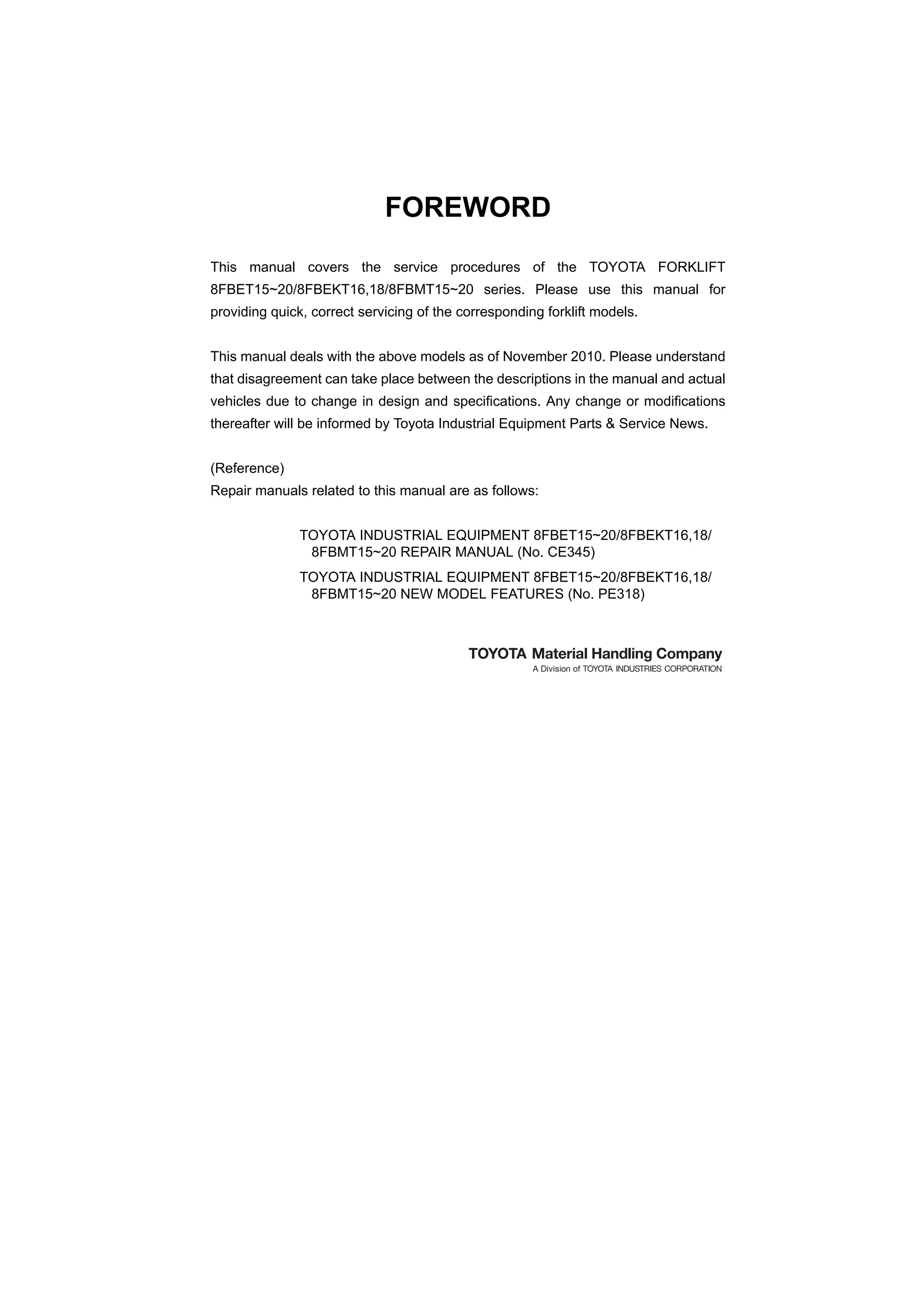 Toyota 8 fbet15 forklift service repair manual | PDF