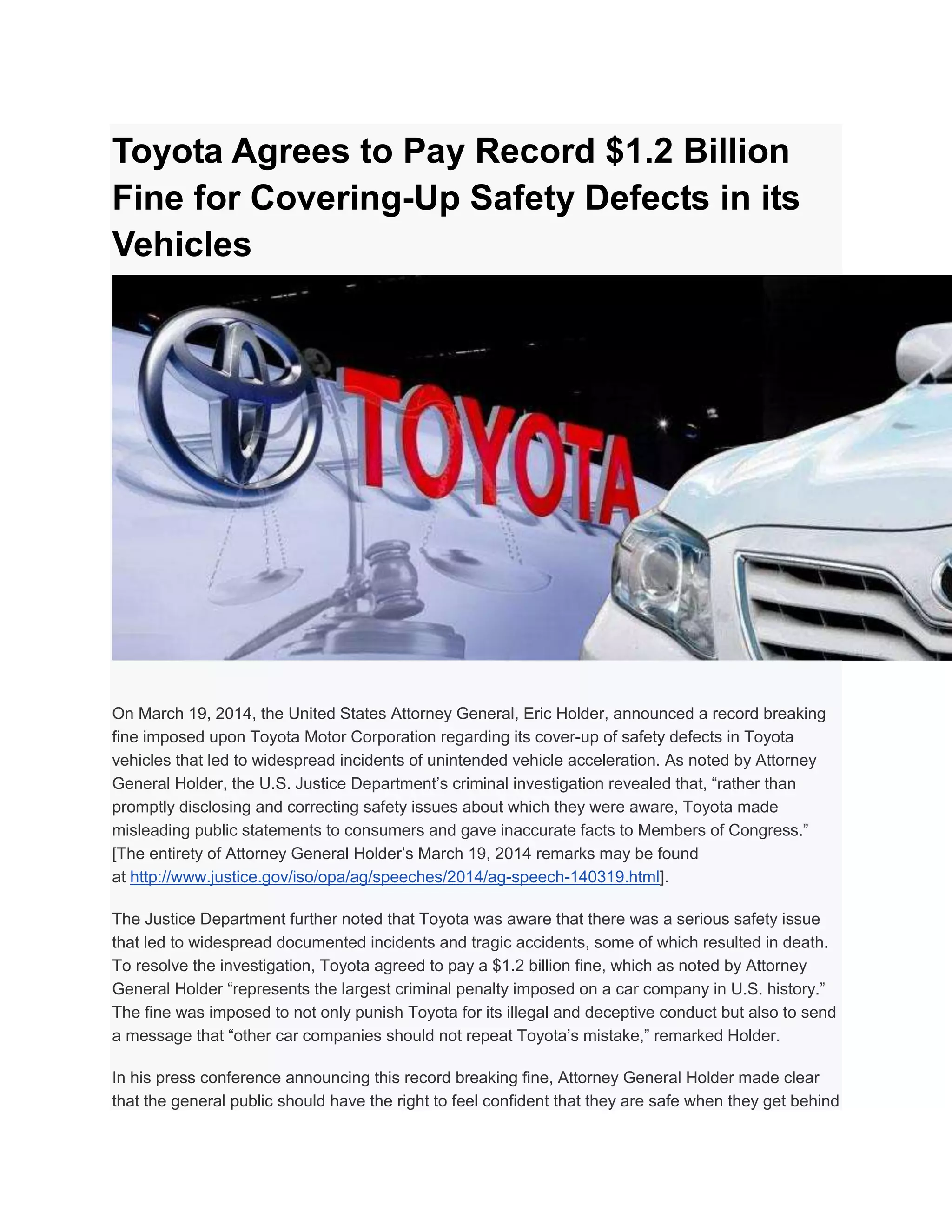 Toyota agrees to pay record $1.2 billion fine for covering up safety ...